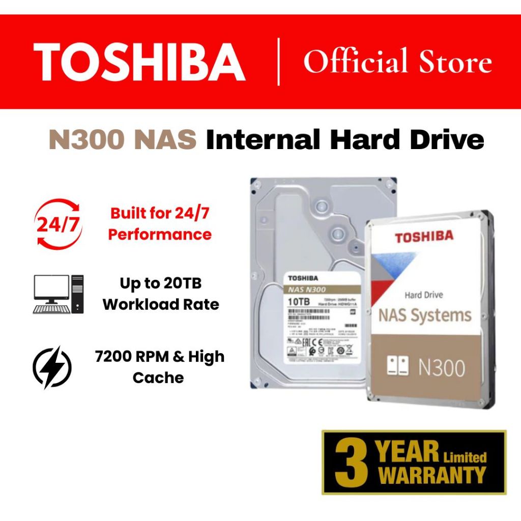 Toshiba N300 3.5" SATA 6.0Gbit/s 7200RPM NAS Internal Hard Drive Dalaman (4TB/6TB/8TB/10TB/12TB ...
