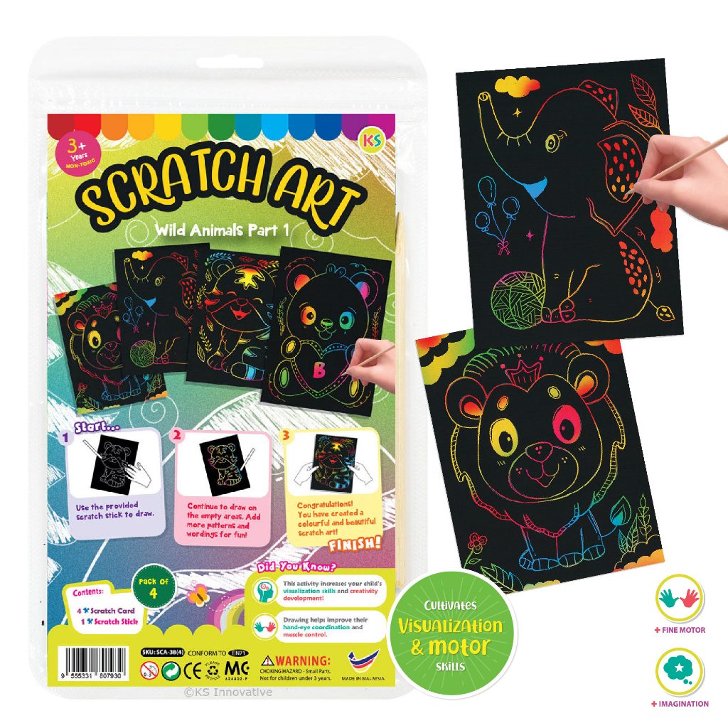 KS Scratch Art Wild Animals Kit Part 1 - Lion, Elephant, Tiger, Bear ...