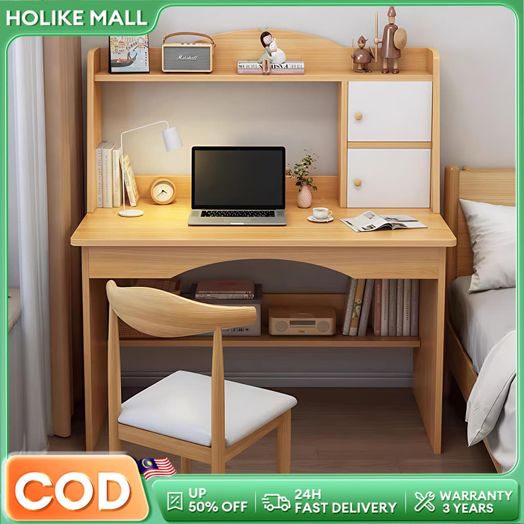 🔥120CM Meja Komputer Computer Study Table With Drawer Bookshelf Study ...