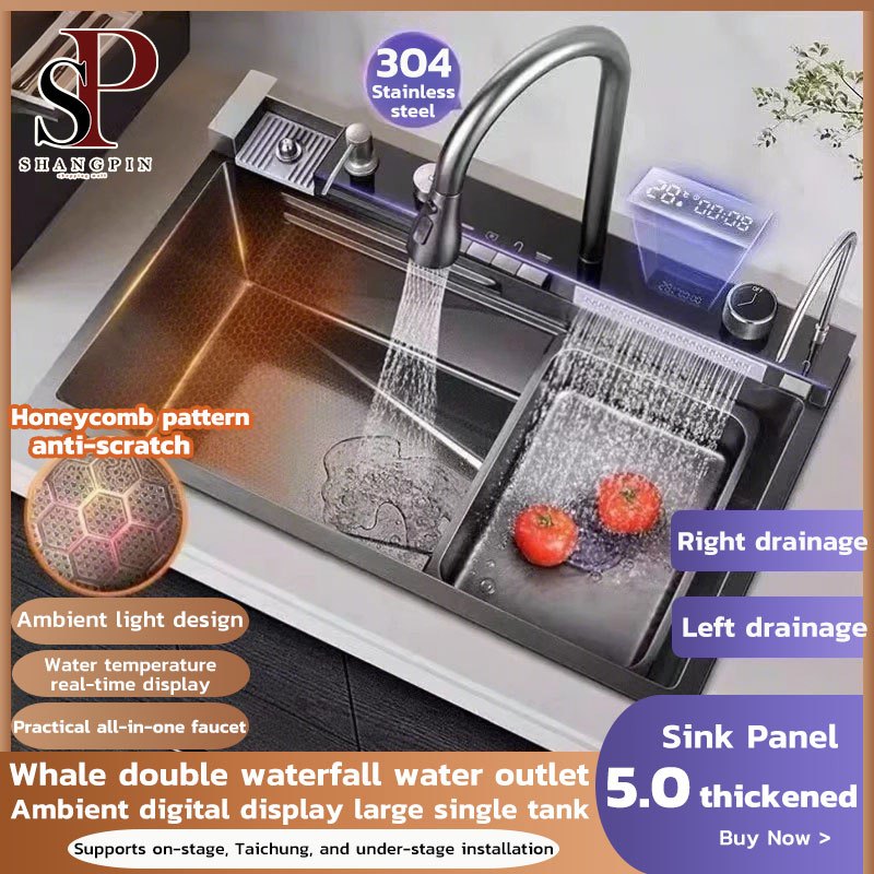 Sink LED water temperature display/Double Waterfall 304 stainless steel ...