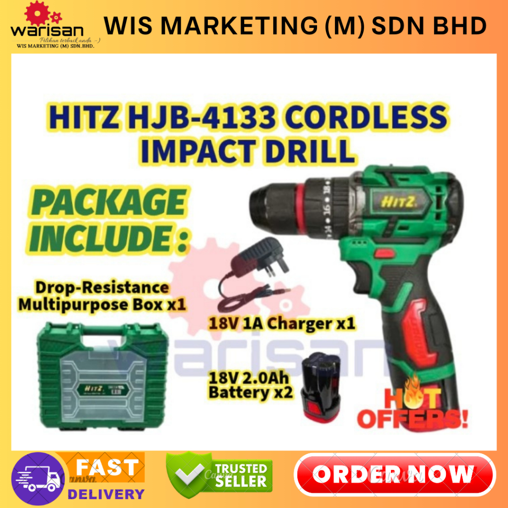 HITZ HJB-4133 Cordless Drill 18V – Brushless + 2 Bateri | Tebuk Batu ...