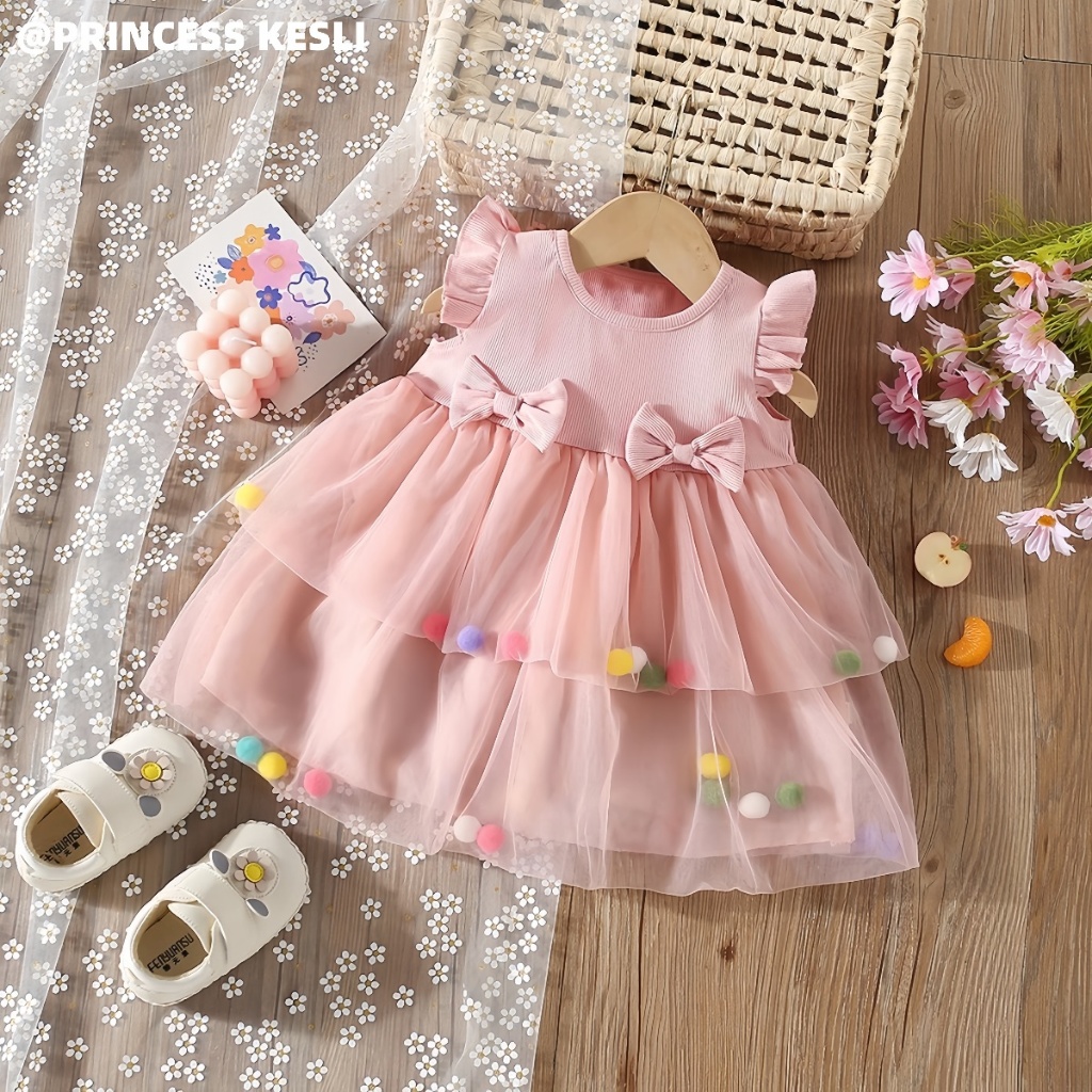 PRINCESS KESLI 1-7 Years Baby Girl Dress Ruffle Sleeve Mesh Lace Bow ...