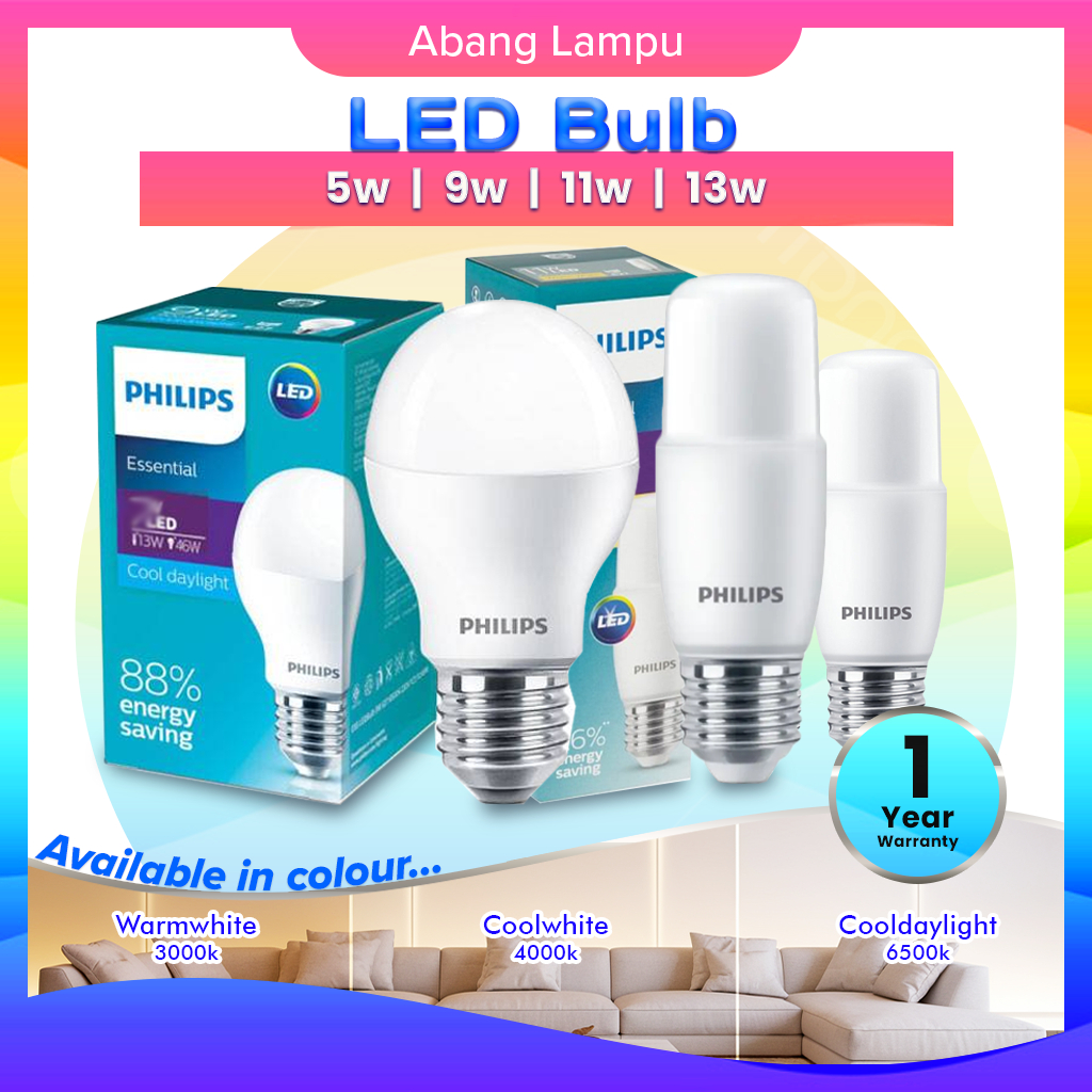 Philips 5w/9w/11w/13w Essential Stick & ABulb LED Bulb E27 ES Type ...