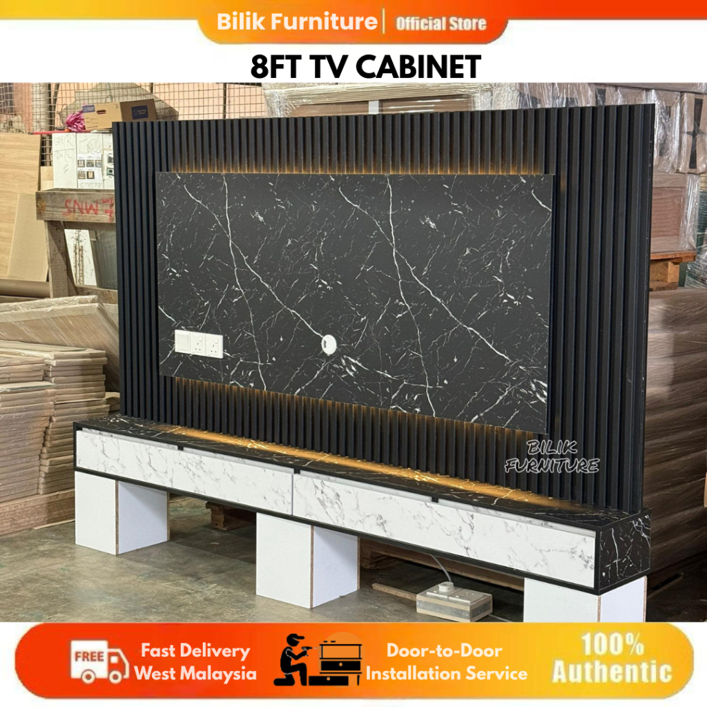 8FT TV Cabinet Marble Design with LED, Drawers & FREE Built-in Soket ...