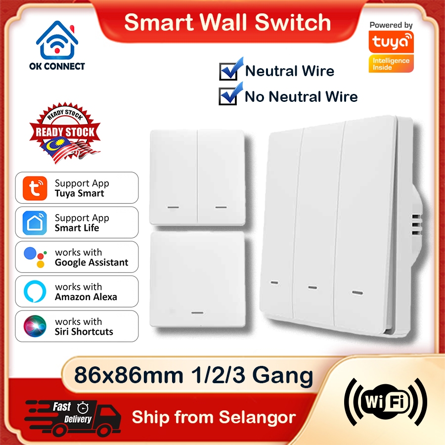 Tuya Smart Home Switch Wifi Light Push Button Wall 1-3 Gang Smart Life ...
