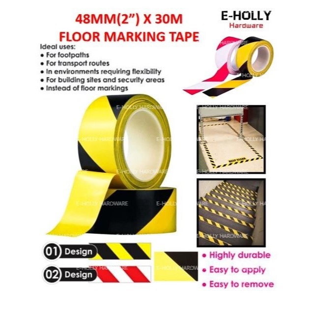 EHOLLY 48MM(2") X 30M YELLOW BLACK RED WHITE Floor Safety Caution Warning Tape PVC Floor Marking ...