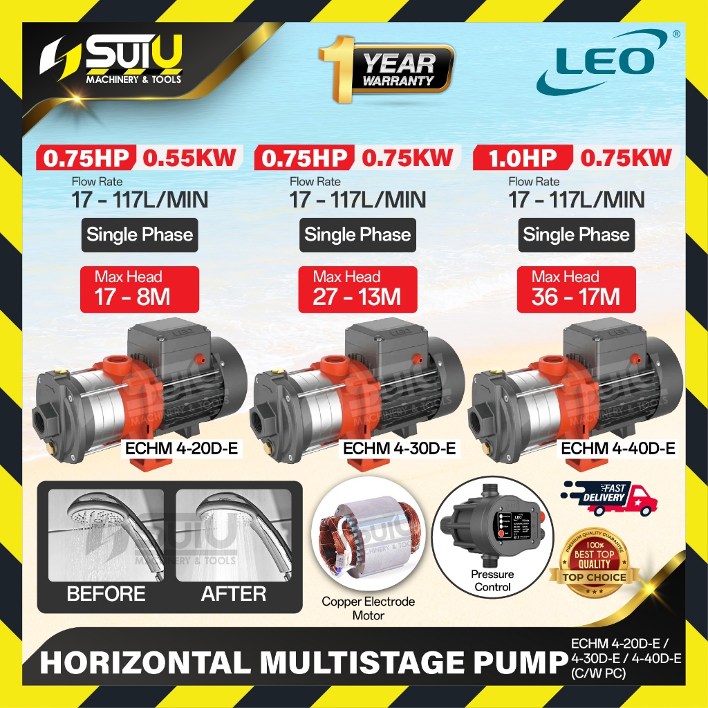 LEO ECHM4-20DE / ECHM4-30DE / ECHM4-40DE 0.75HP / 1HP Horizontal Multistage Pump 0.55kW / 0.75kW ...