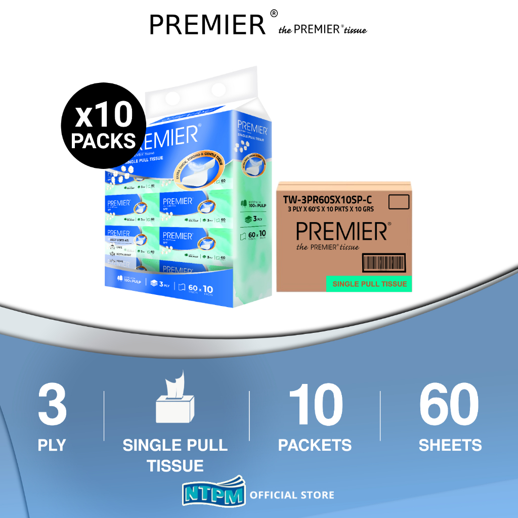 Premier Single Pull Tissue 3 PLY (60's x 10 Packets) X 10 Packs (Carton ...