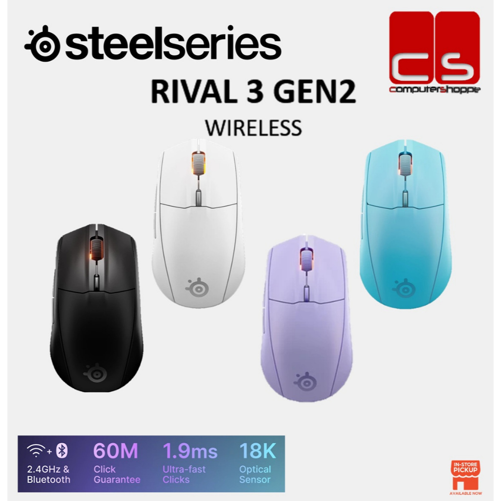 SteelSeries Rival 3 Gen2 Wireless + Bluetooth Gaming Mouse (BLACK / WHITE / LAVENDER / AQUA ...