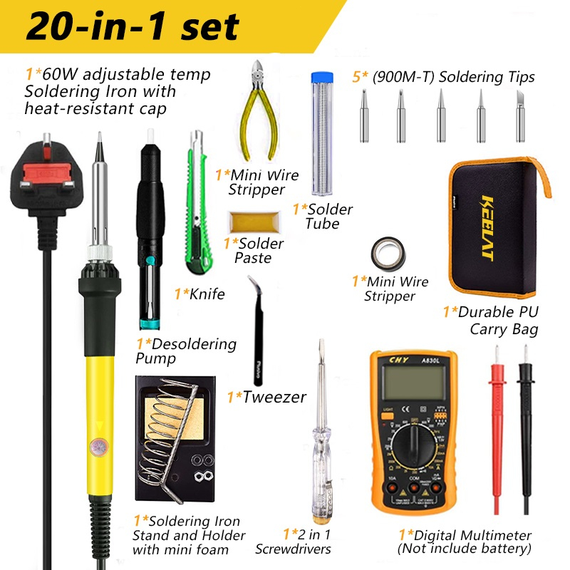 KEELAT 20 Pcs 60W 220V Soldering Iron Set Electronic Iron Kit 200-450°C Adjustable Temperature ...