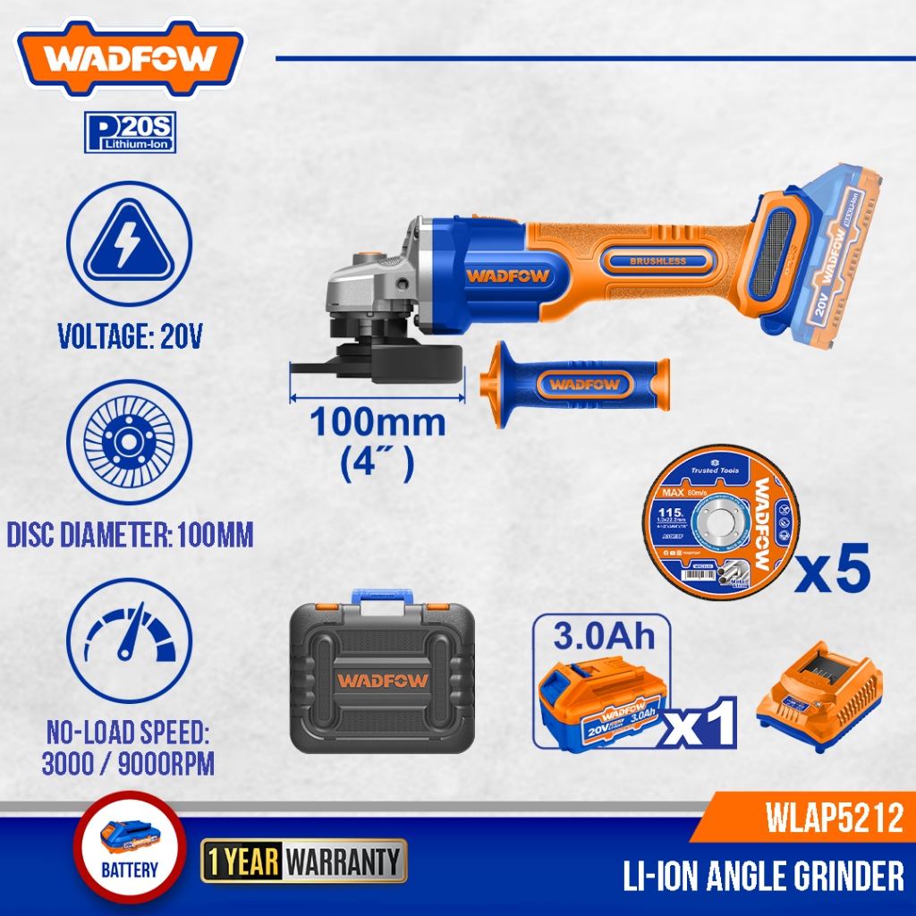 Wadfow Li-ion Angle Grinder (4"/20V) Brushless Motor + Battery + Case ...