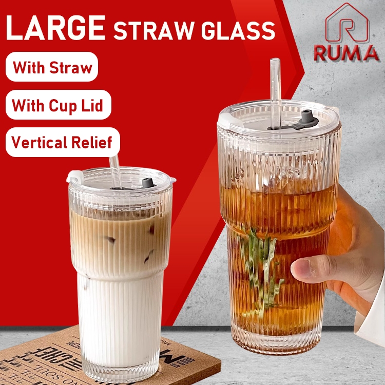 【New Arrival】INS 600ML Glass Cup with Lid and Straw Vertical Stripes Cup Glass Cup DIY Cold ...