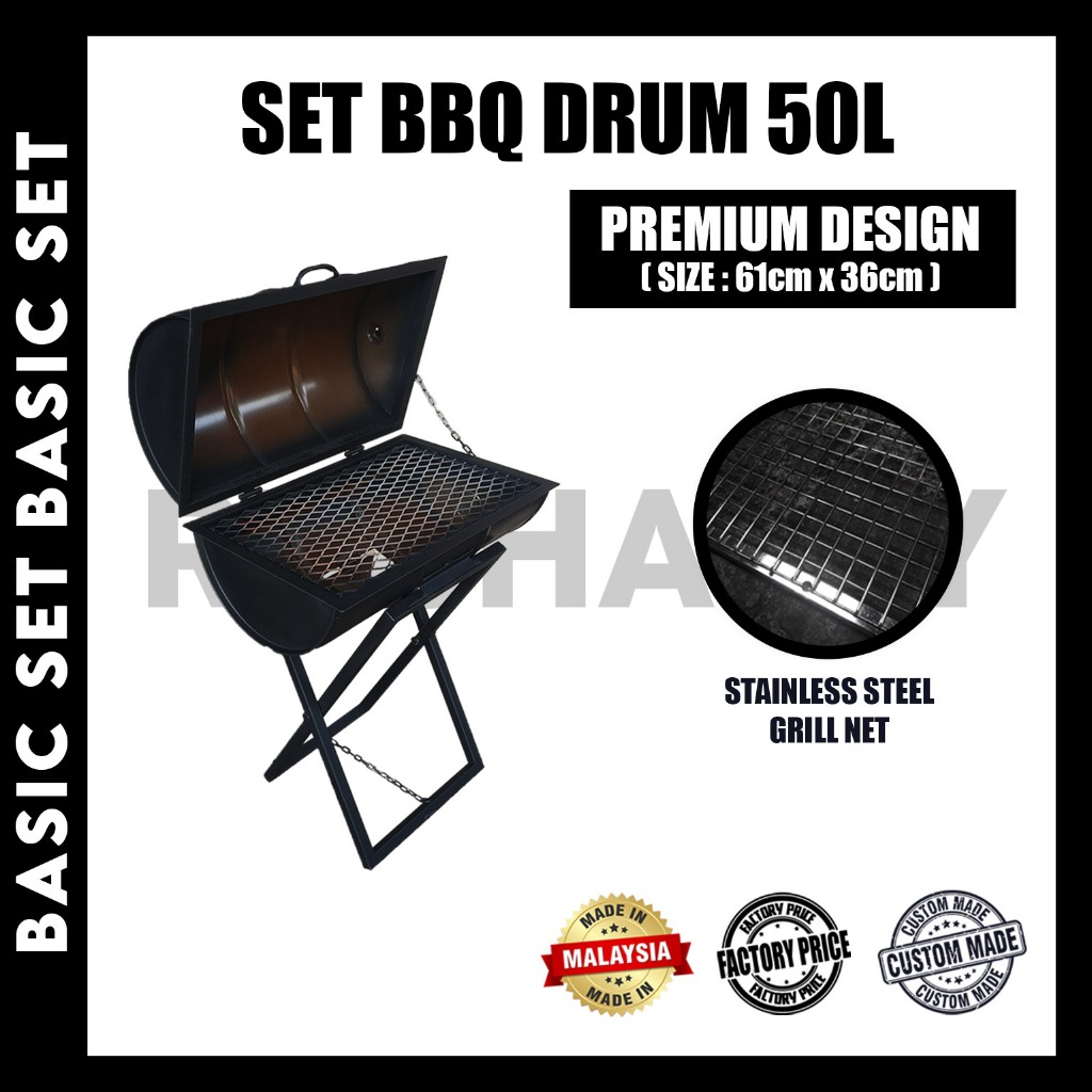 BBQ Grill Outdoor Drum Set Tong Drum 50L BBQ Set Complete With Stainless Steel Grill Net Medium ...