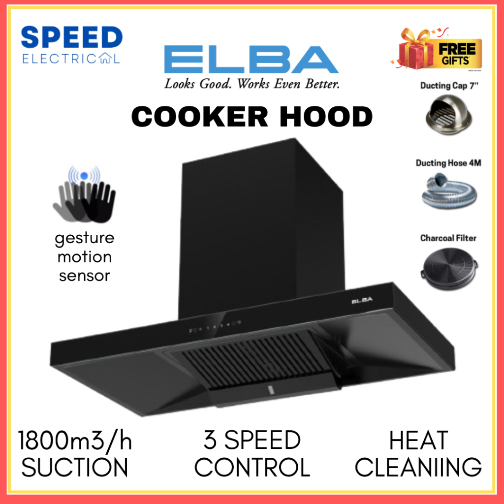 [SABAH ONLY] ELBA COOKER HOOD EH-R9033(BK) 1800M3/H RANGE HOOD 3 SPEED ...