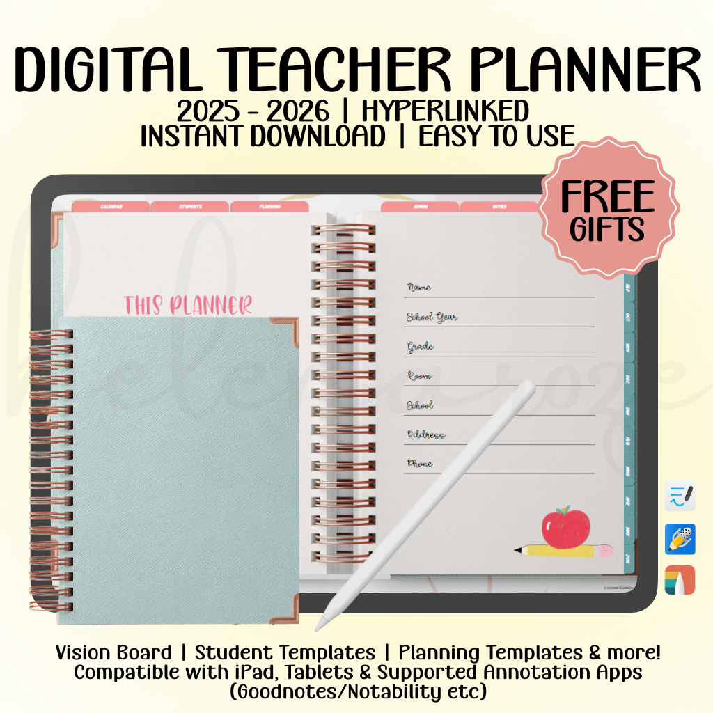 2025 - 2026 Digital Teacher Planner, Hyperlinked Pdf Digital Notebook ...