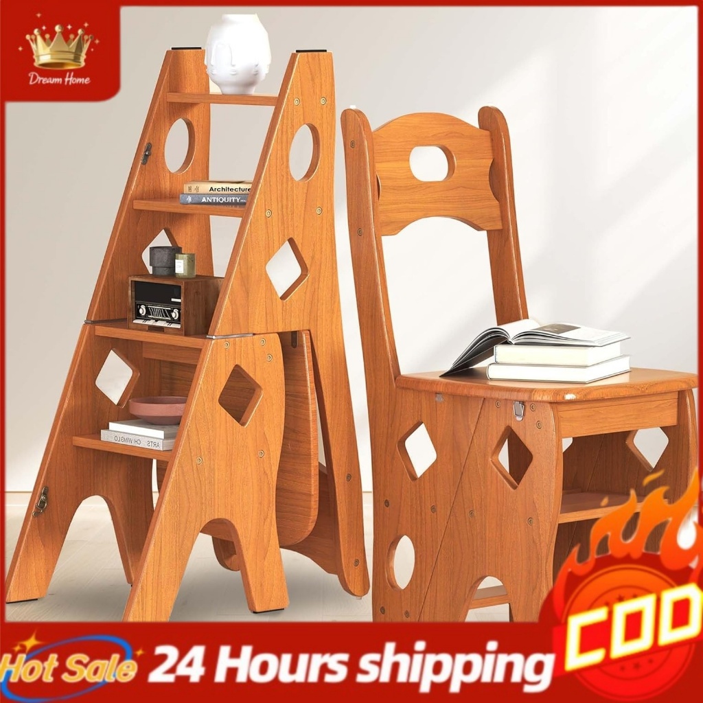 Folding Library Ladder Chair, 4 Tier Portable Step Stool Chair ...
