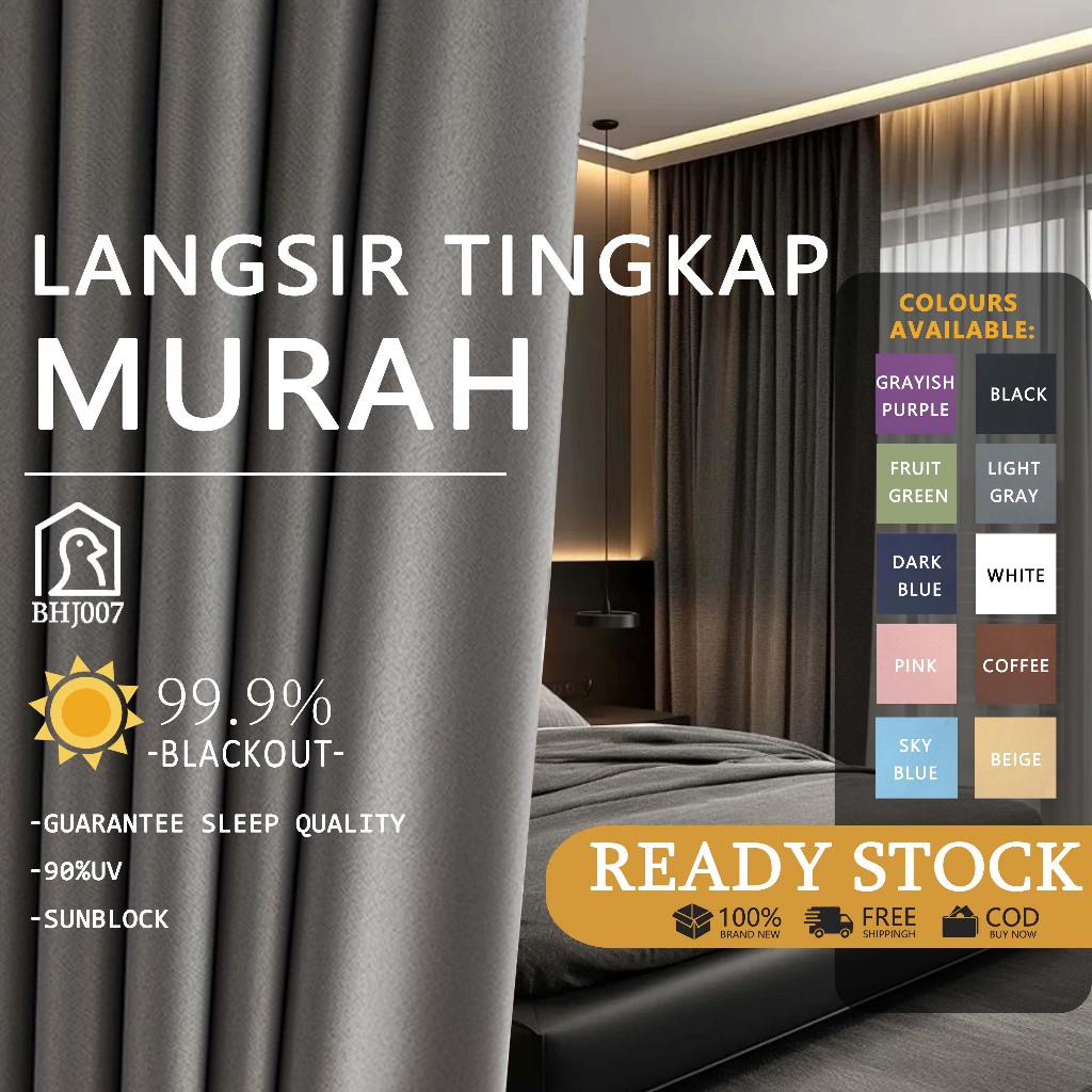 Langsir Tingkap Murah 99% Blackout Curtain with Ring 90% UV Sunblock ...