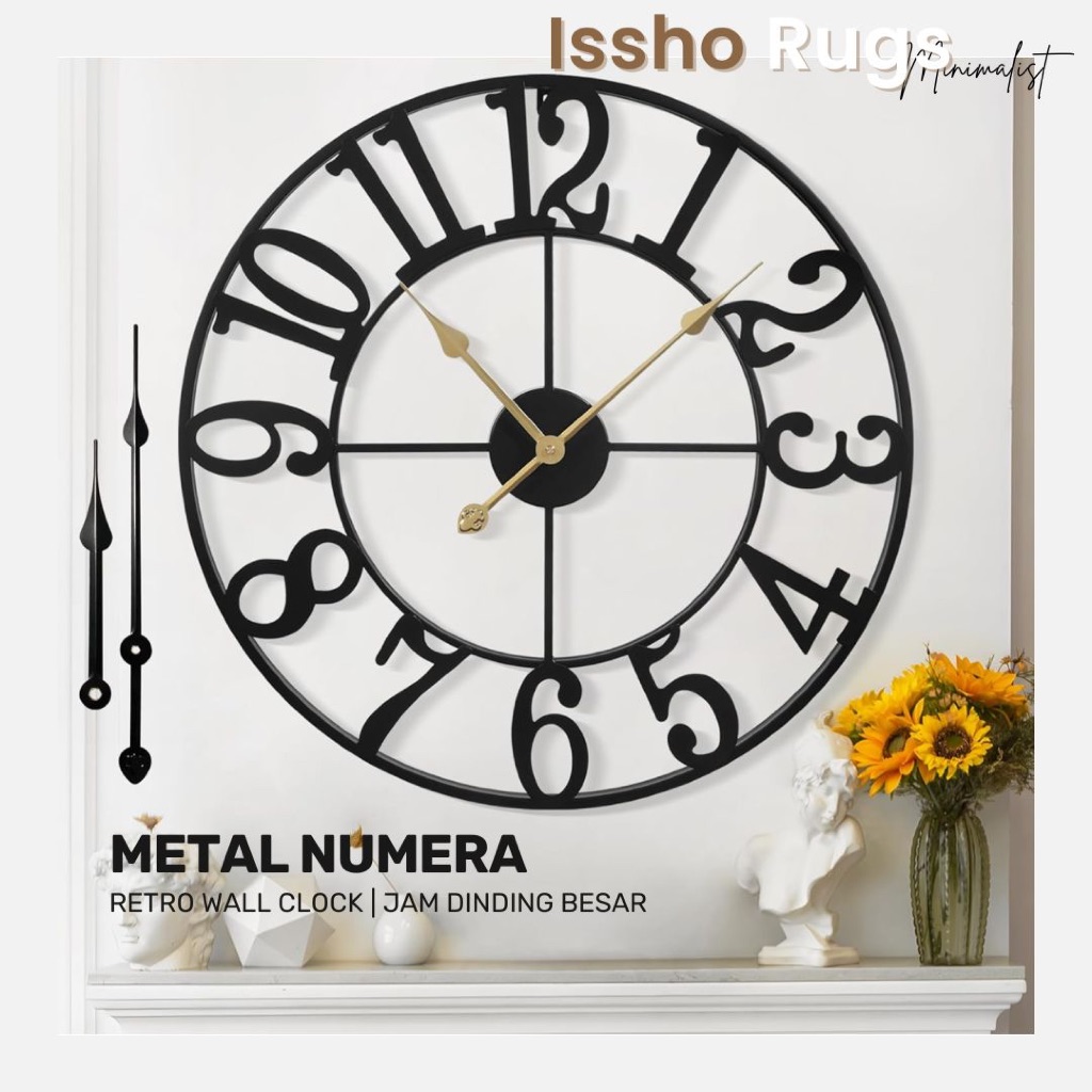 🔥ISSHO Jam Dinding Besi Besar 50/60cm Silent Quartz Roman Metal Wall ...