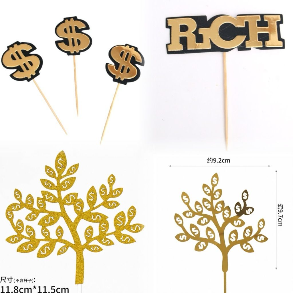 DECO RICH PICK MONEY 3PCS MONEY SIGN PICK 钱符号插排 富有插排 cake decorations ...