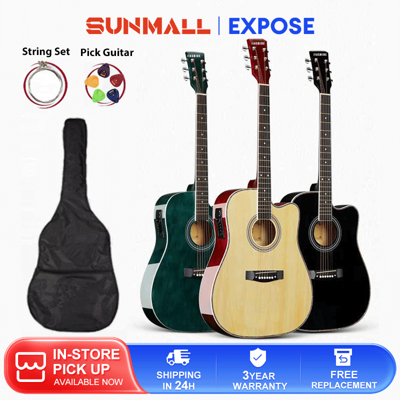 EXPOSE Guitar Acoustic 38 Inch Basic Level Cheap Black Cutaway Guitar Set Beginner Rounded 吉他 ...