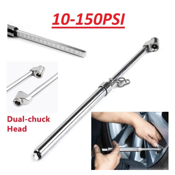 Dual Head Chuck Alloy Metal Check Tyre Air Pressure 10-150 PSI Tool ...