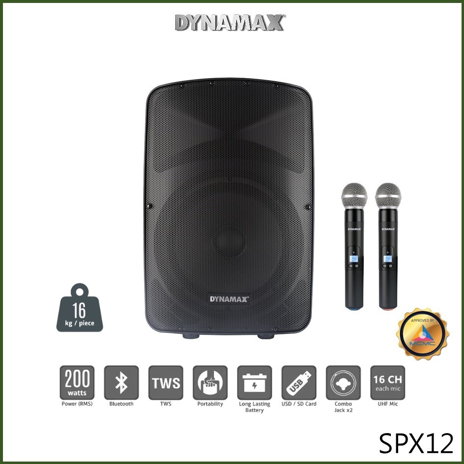 DYNAMAX SPX12 12" 200W Portable Speaker With Two UHF Handheld Mic ...