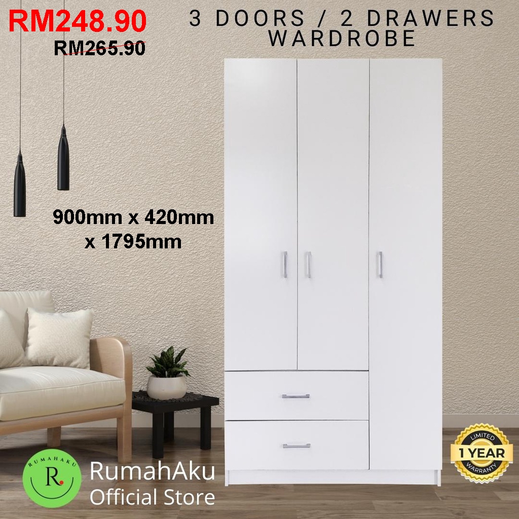 [Lebih Besar 180cm Tinggi] RumahAku 3 Pintu 2 Laci Almari Baju / Almari ...