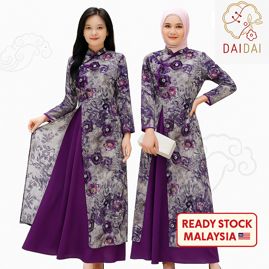daidai (Ready Stock) Women Purple Long Sleeve Cheongsam Dress Split Premium Traditional Qipao ...