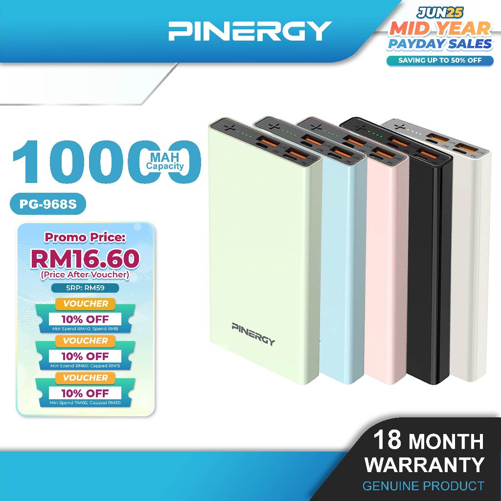 PINERGY 10,000mAh with 4 LED Indicators Battery Display Macaron Colors ...