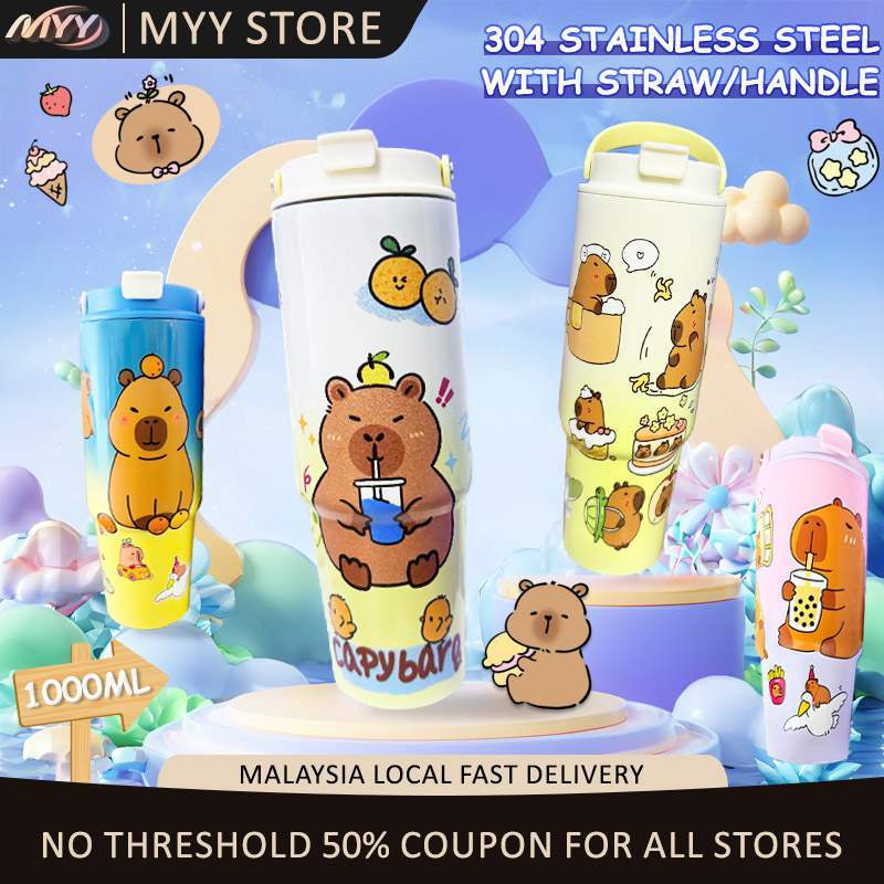 MYY 900ML Capybara Tumbler With Straw 304 Stainless Steel Cute Botol Air Tahan Sejuk 卡皮巴拉保温杯 ...
