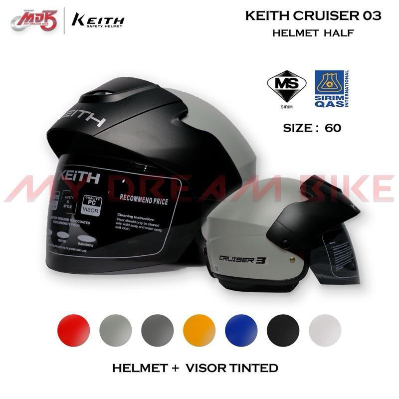 KEITH CRUISER Plain Colour Helmet Half 60cm Siap Sekali Visor Tinted ...