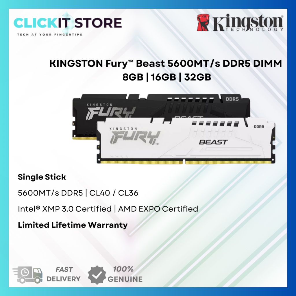 KINGSTON Fury™ Beast Black / White DDR5 DIMM 5600MT/s | 8GB/16GB/32GB | KF556C40BB / KF556C40BW ...