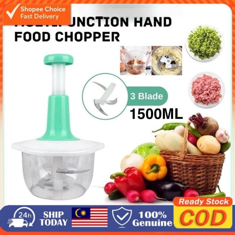 Hand Press Push Food Processor Chopper 1500ML Chopping Fruits Vegetable ...