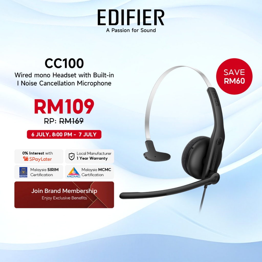 Edifier CC100/CC200 Wired Mono Headset with Built-in AI Noise ...