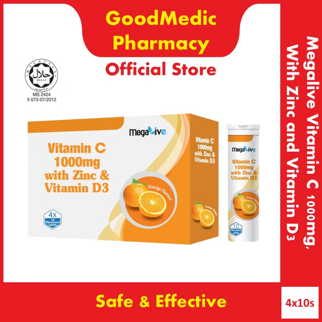 Megalive Vitamin C 1000mg with Zinc and Vitamin D3 Effervescent Tablet (4x10s) | Shopee Malaysia