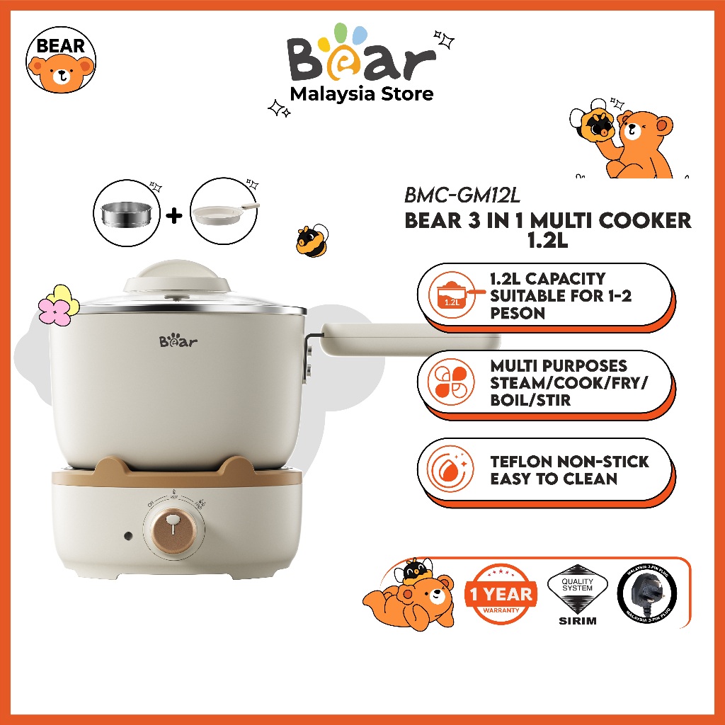 Bear 3 in 1 Electric Multi-Cooker 1.2L Ceramic Coating Non-Stick Pot ...