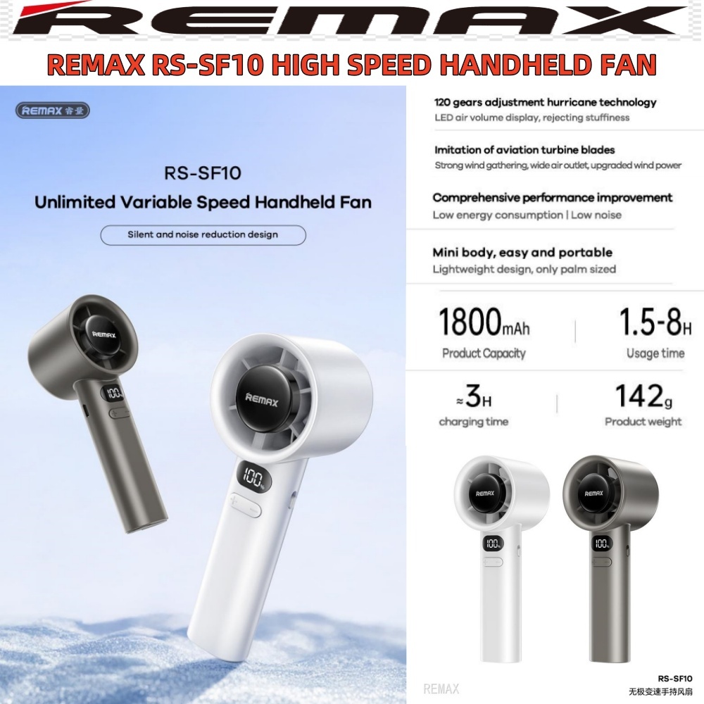 (NO COD) REMAX RS-SF10 HIGH SPEED HANDHELD FAN 1800mAh Battery Portable ...