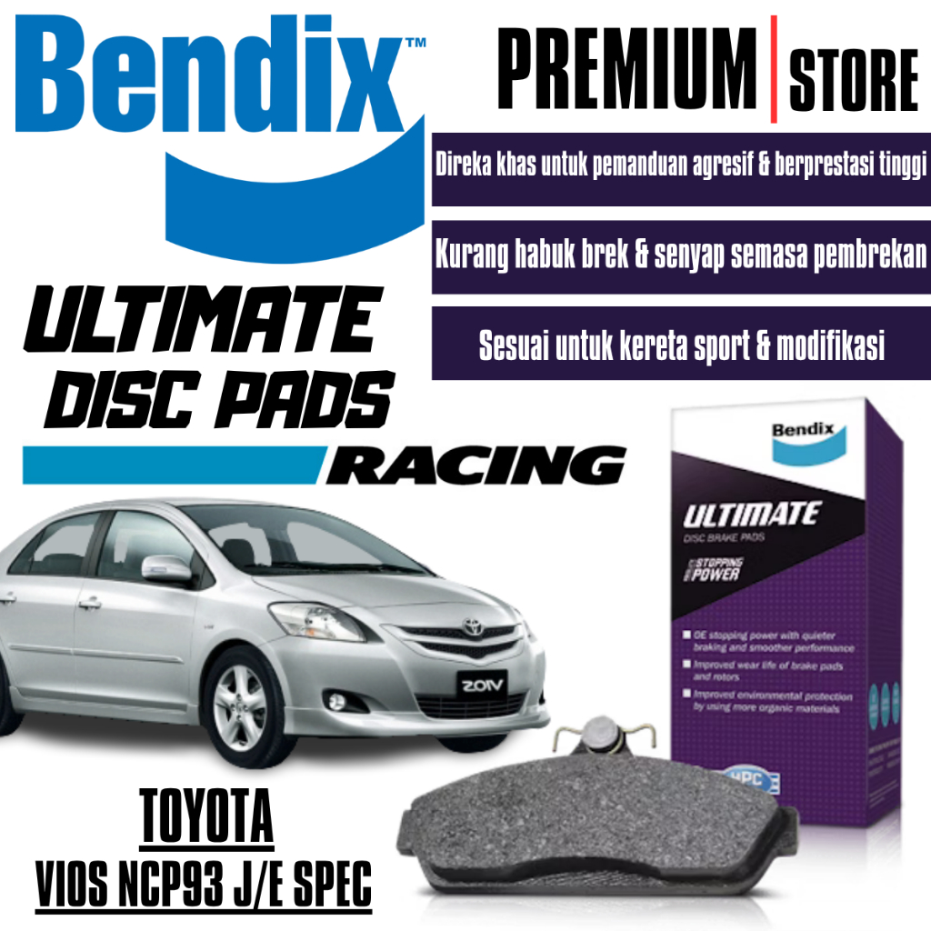 Original Bendix Ultimate+ Front Set Disc Pads - Toyota Vios NCP93 J/E 1 ...