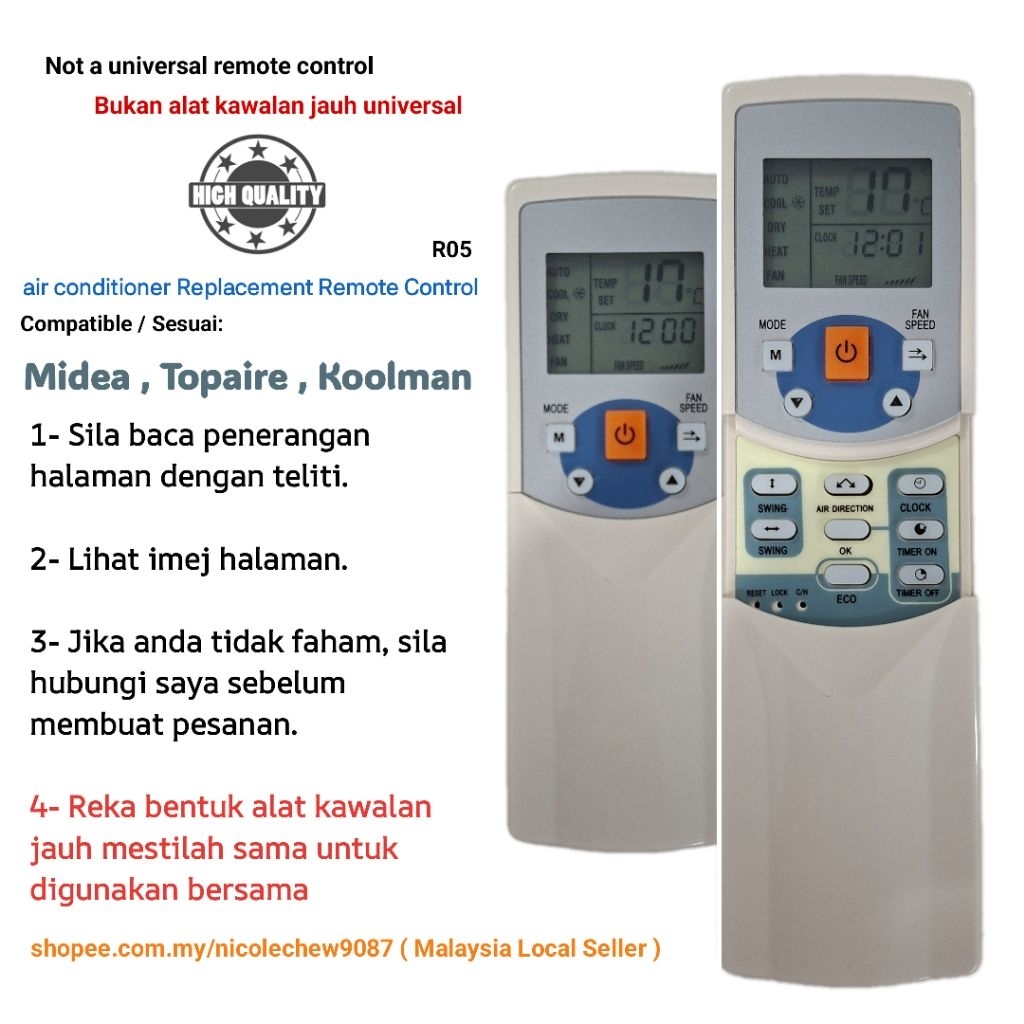 Midea , Topaire , Koolman air conditioner Replacement Remote Control ...