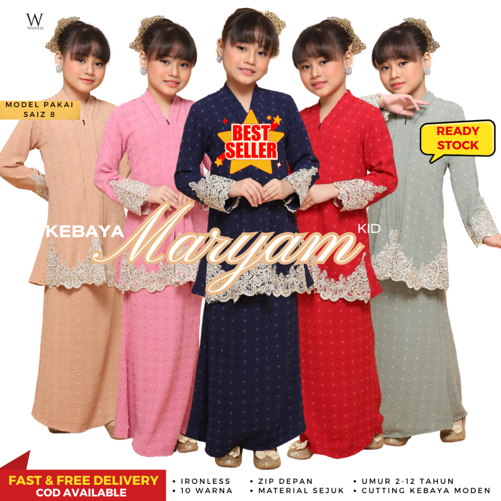 Kebaya Maryam Kid | Lace Sequin Ironless | Kebarung Moden | 2–12 Tahun ...