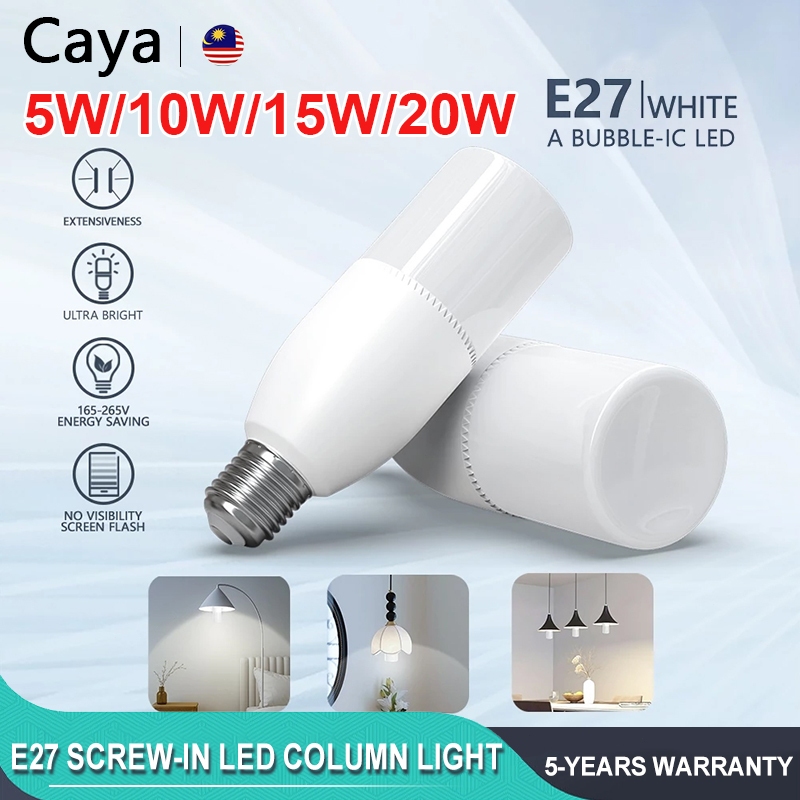 Caya 5Y Warranty E27 LED Light bulb 5W/10W/15W/20W Cylindrical Lampu LED 6500K Daylight No ...