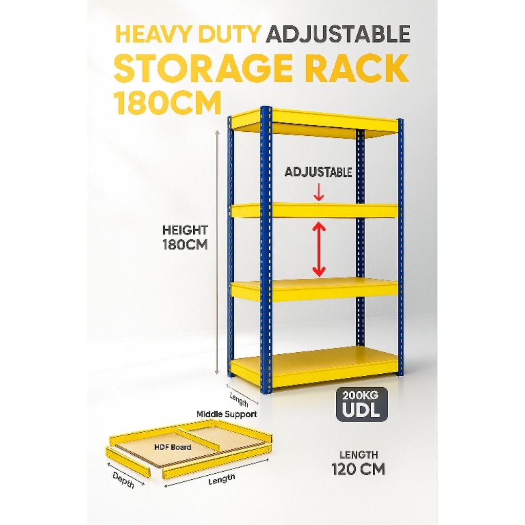 Rak Besi Heavy Duty 4 Tingkat 180CM Adjustable | HDF Board | Muatan ...