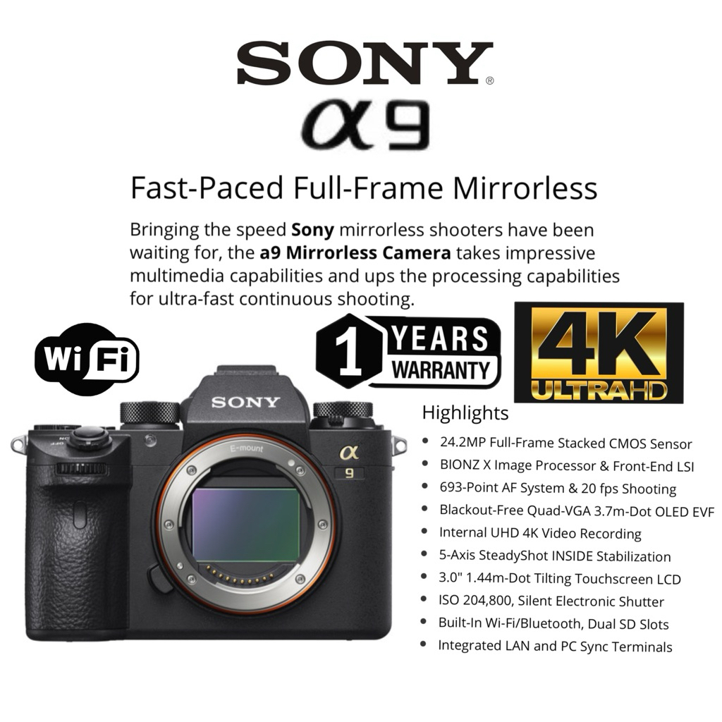 SONY A9 693-POINT AF SYSTEM FAST-PACED FULL FRAME MIRROLESS CAMERA WIFI ...