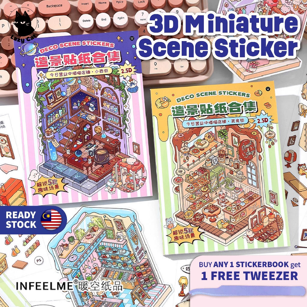 Lazy Cat 3D Miniature Scenes Sticker Book DIY Cute Cartoon Korean Style ...