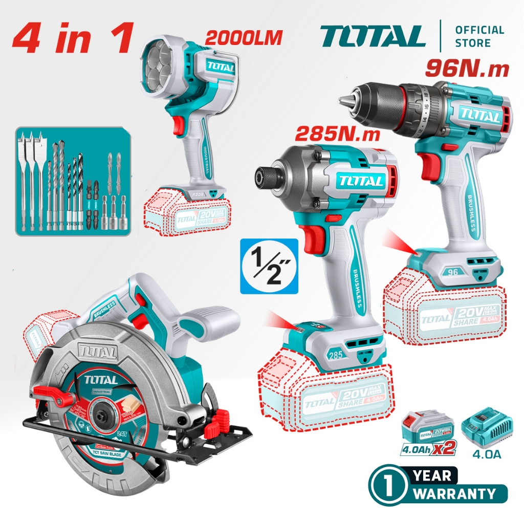 TOTAL Tools 4 Pcs Combo Kit (Impact Drill + Impact Driver + Circular ...