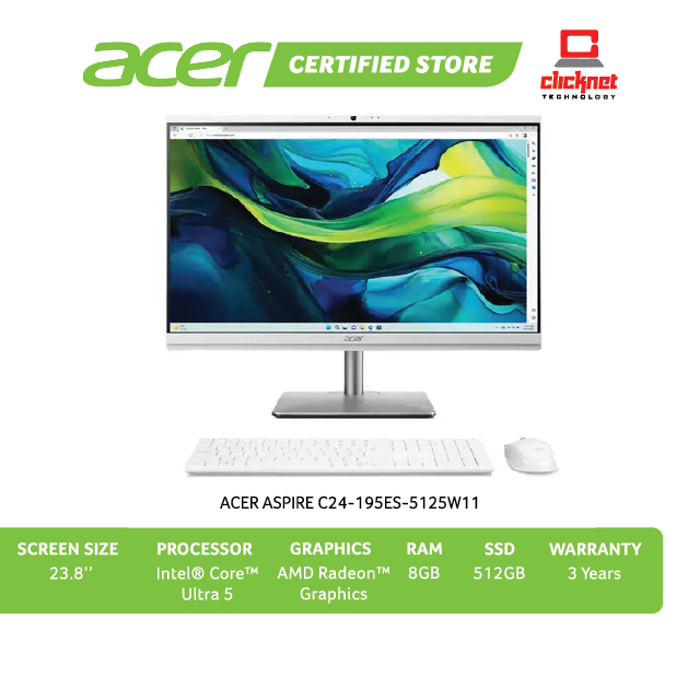 ACER ASPIRE C24-195ES-5125W11 ALL-IN-ONE DESKTOP PC (Ultra 5 125U , 16GB RAM , 512GB SSD, Intel ...