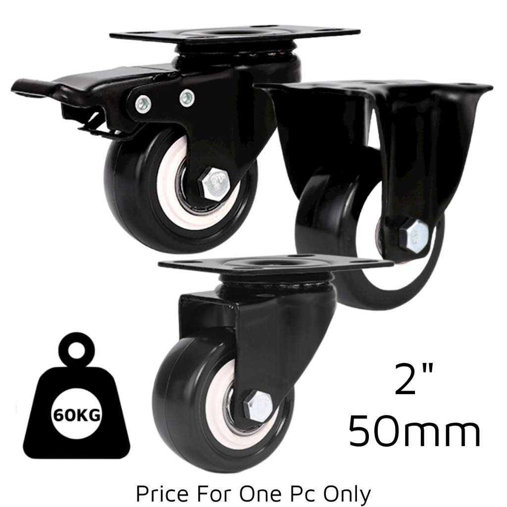 2" (50mm) Hitam Pusing Brek Roda Black PU Heavy Duty Swivel Fix Brake ...