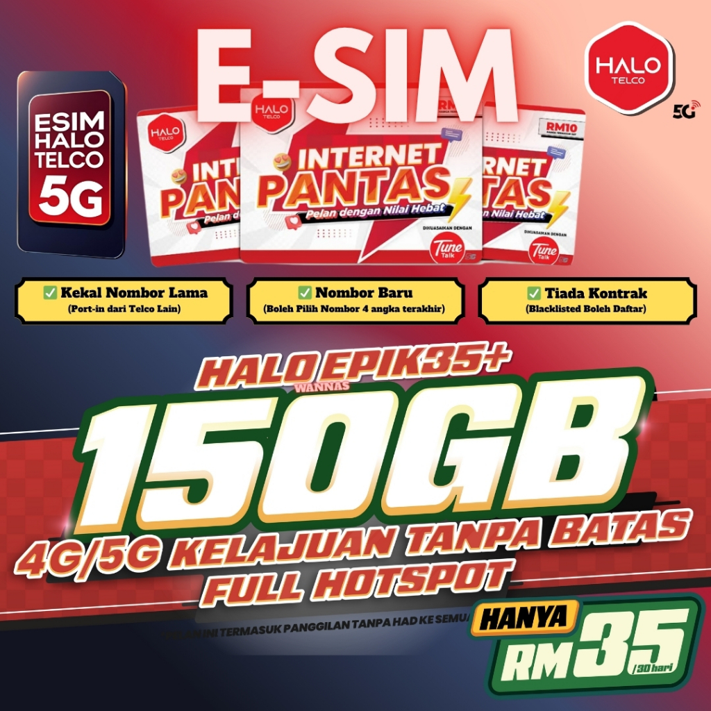 🔥eSim Halo Telco Tunetalk Plan Epik RM35 150GB High Speed Unlimited ...