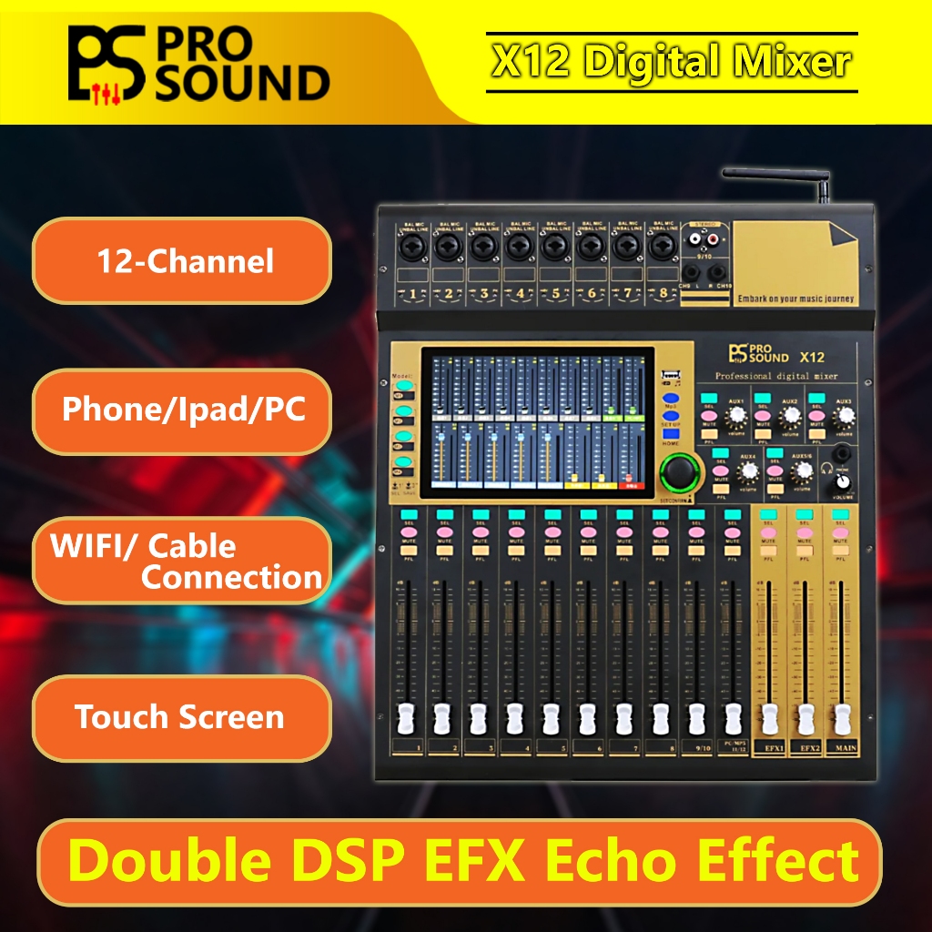 PS Pro Sound X12 12ch Digital Mixer Console with Touch Screen, DSP Echo ...