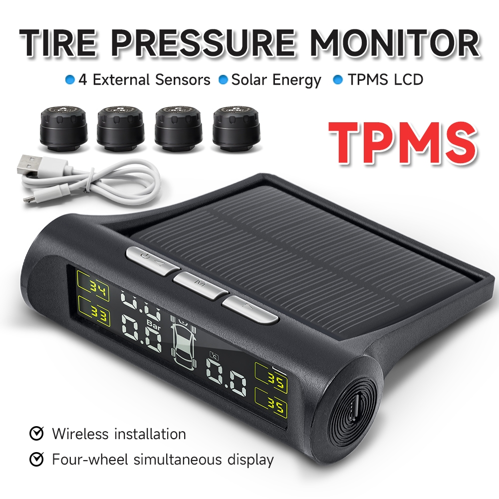 NEW 100% TPMS Tyre Pressure Monitor Solar Charging Car Wireless Monitoring System LED Display ...
